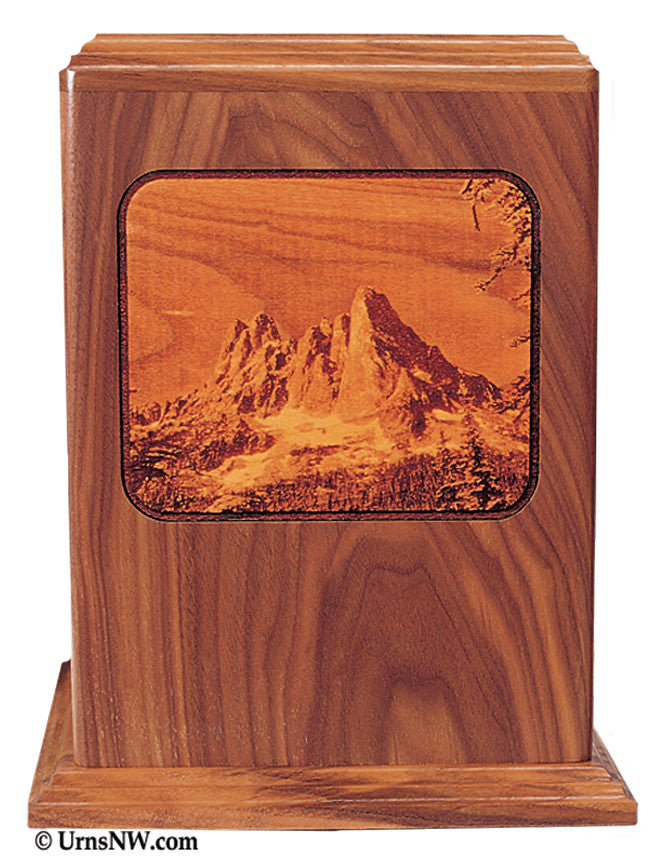 Mountain Photo Laser Engraved Wood Urn — Urns Northwest