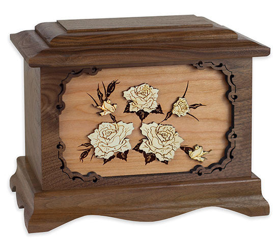 Ambassador Cremation Urn with White Roses Wood Art — Urns Northwest