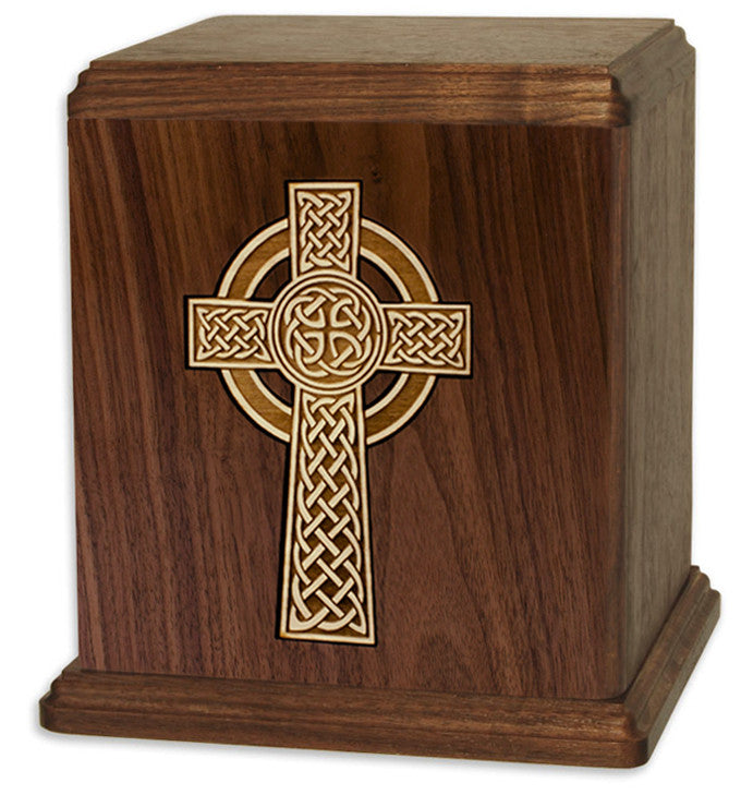 Walnut Wood Cremation Urn with Celtic Cross Inlay — Urns Northwest