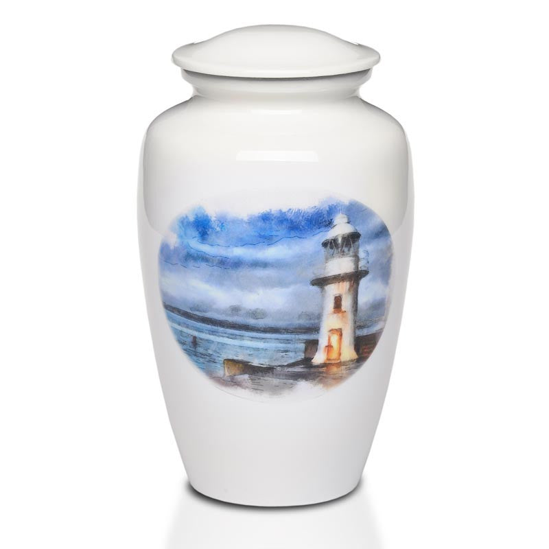 Hand Painted Lighthouse Memorial Metal Cremation Urn — Urns Northwest