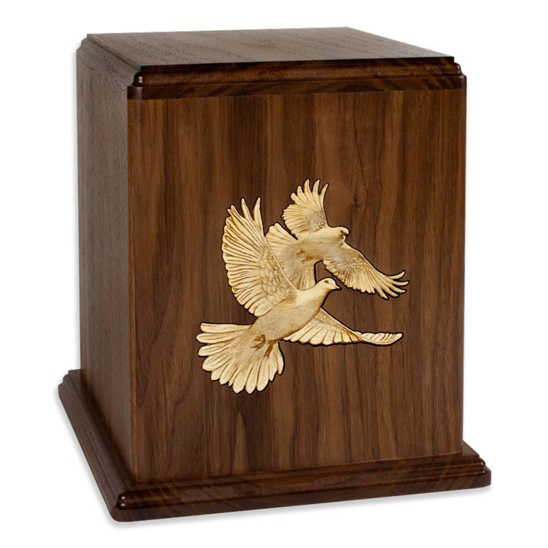 Lovebirds Inlay Companion Urn in Walnut Wood — Urns Northwest