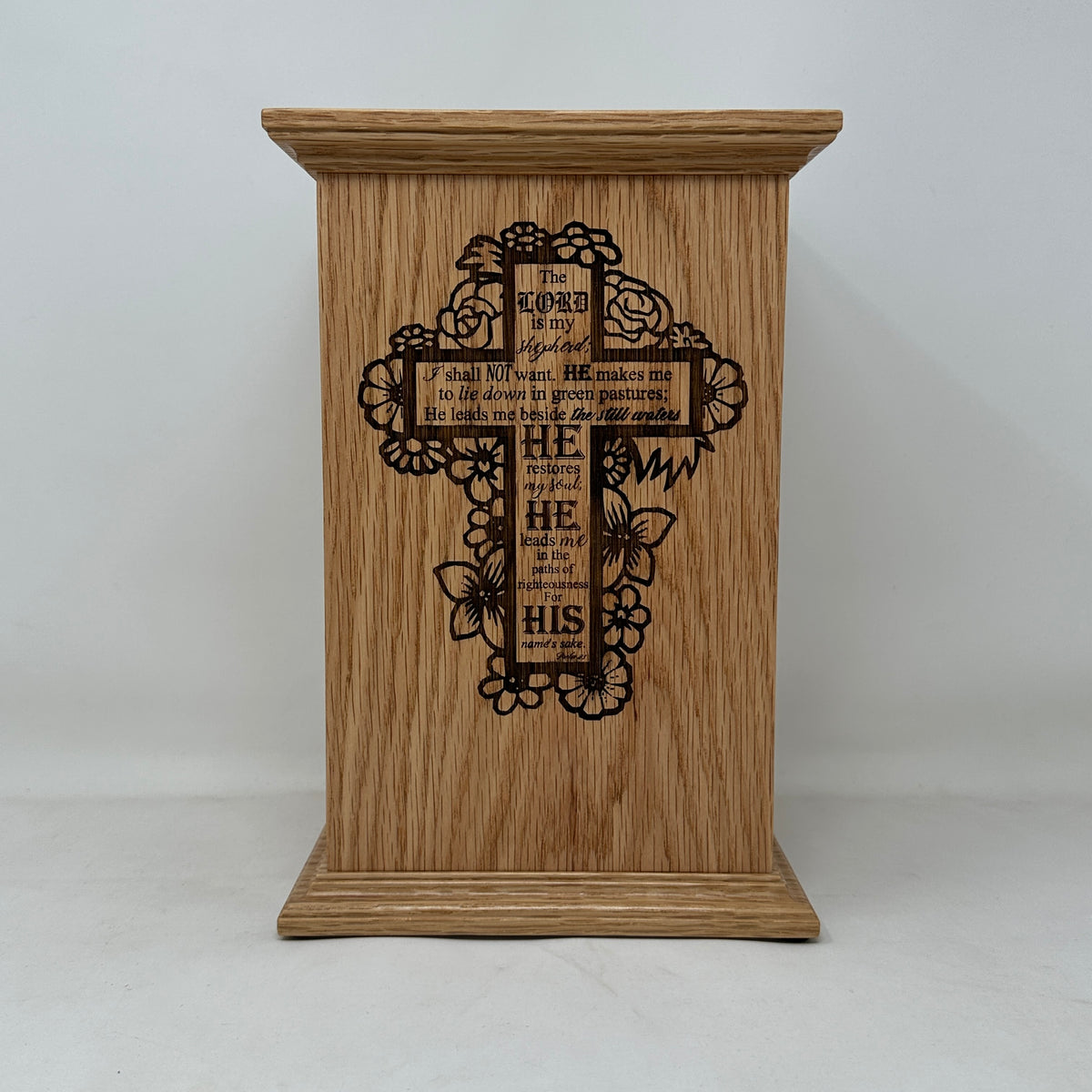 Psalm 23 Cross Urn in Oak — Urns Northwest